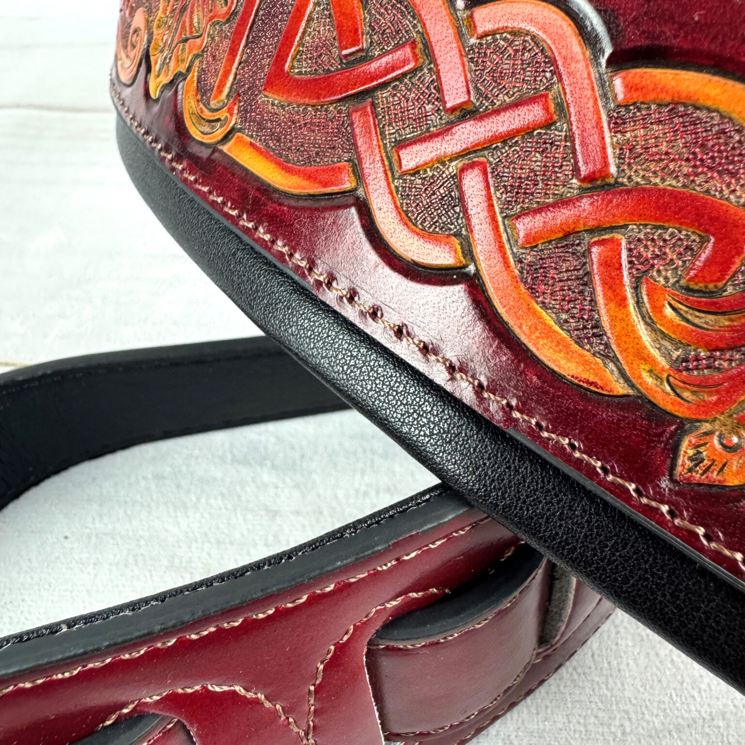 KB-09 Whiskey Red Strap With Sunburst Celtic Knot Full Grain Carving ...