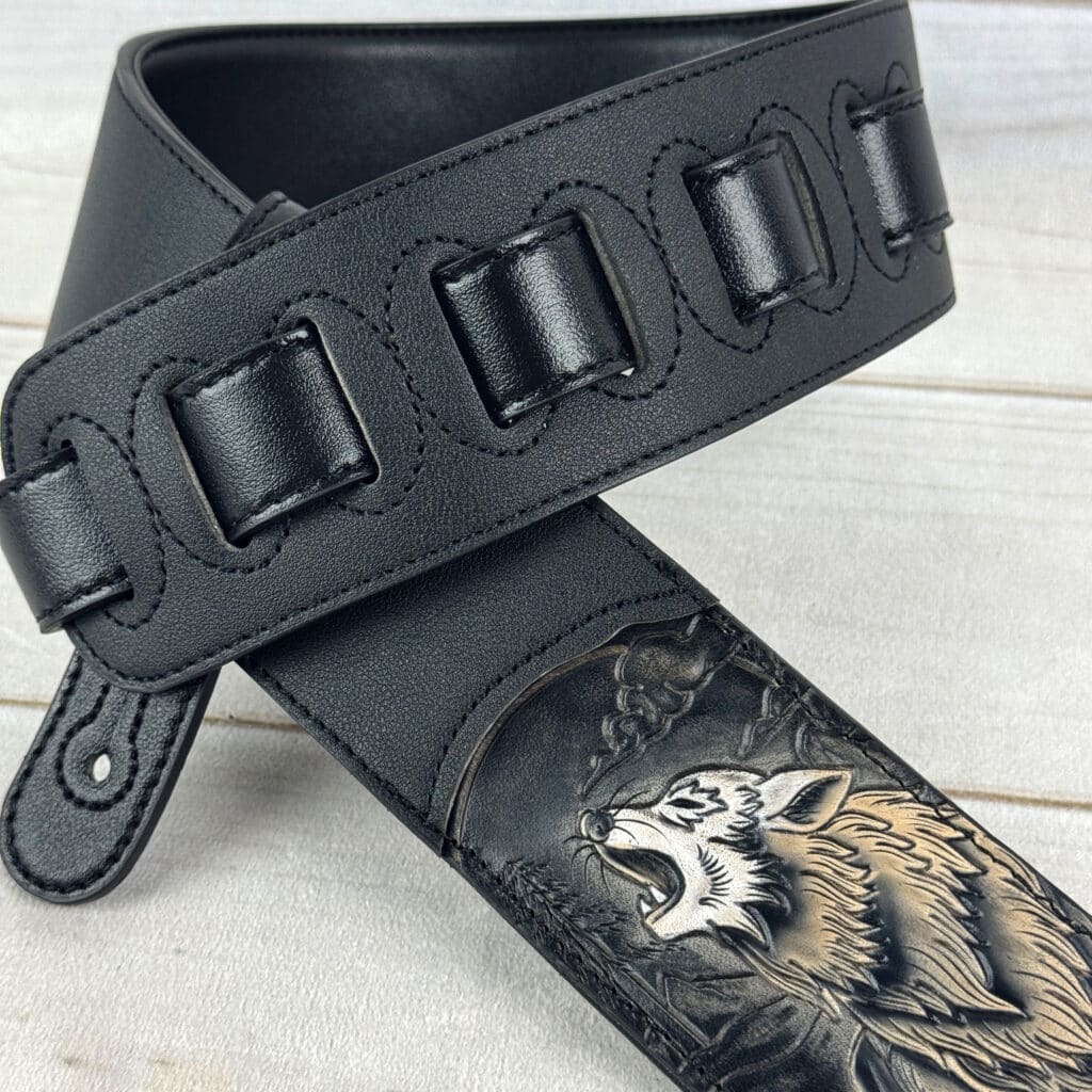 CVG-WL-B Hand Carved Black & White Howling Timber Wolf On Black Leather ...