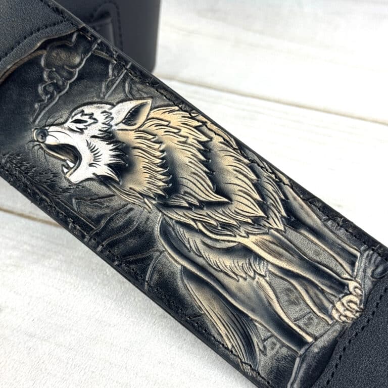 CVG-WL-B Hand Carved Black & White Howling Timber Wolf On Black Leather ...